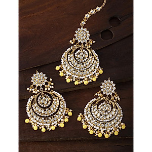 Aheli Bollywood Ethnic Chandbali Style Big Earrings Maang Tikka Set Indian Traditional Bollywood Fashion Jewelry for Women (Yellow)