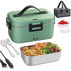 75W Electric Lunch Box Food Heater, 1.8L Large Capacity Heated Lunch Boxes for Adults/Work/Car/Office, 3 in 1 12V/24V/110V Food Warmer Lunch Box with Fork/Spoon and Insulated Carry Bag (Dark Green)