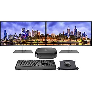 HP Z2 Mini G4 Workstation Bundle with Intel Xeon E-2144G, 16GB DDR4, 256GB NVMe SSD, 2 x HP Z27n Monitors, Quadro P600 Graphics, Wireless Keyboard and Gel Pad, Windows 10 Pro