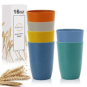 Wrova Wheat Straw Cups 16oz set of 6 with Etched Pattern - Alternative Plastic Cups Dishwasher Safe - Plastic Drinking Cups Unbreakable for Kids - Colorful Series