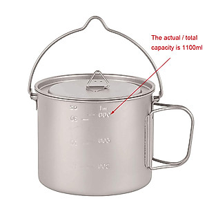 LIXADA 1100ml/2800ml Titanium Pot Ultralight Portable Hanging Pot with Lid and Foldable Handle Outdoor Camping Hiking Backpacking (1100ml)