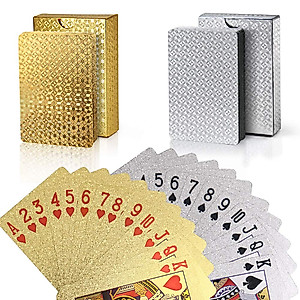 Joyoldelf 2 Decks of Playing Cards, 24K Foil Waterproof Playing Cards & Flexible Poker Cards with Box - Classic Magic Tricks Tool for Party, Game and Cardistry, 1 Gold + 1 Silver