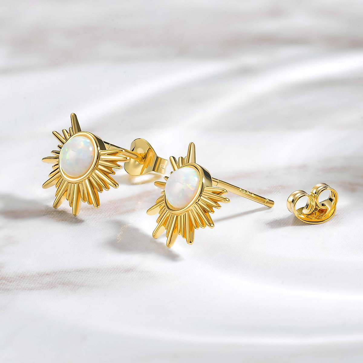 AllenCOCO White Opal Adorned Sunburst Stud Earrings 925 Solid Sterling Silver Post 14k Gold Plated Jewelry for Women