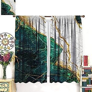 Marble Blackout Curtain,Ombre Emerald Green Golden Texture Backdrop Drapes,Rod Pocket Insulated Window Curtains for Living Room Bedroom Kitchen,42x45in