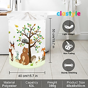 Clastyle 63L Large Woodland Animal Tree Kid Laundry Hamper with Handle for Boy Girl Collapsible Clothes Toy Storage Basket with Lid for Bedroom Bathroom Nursery