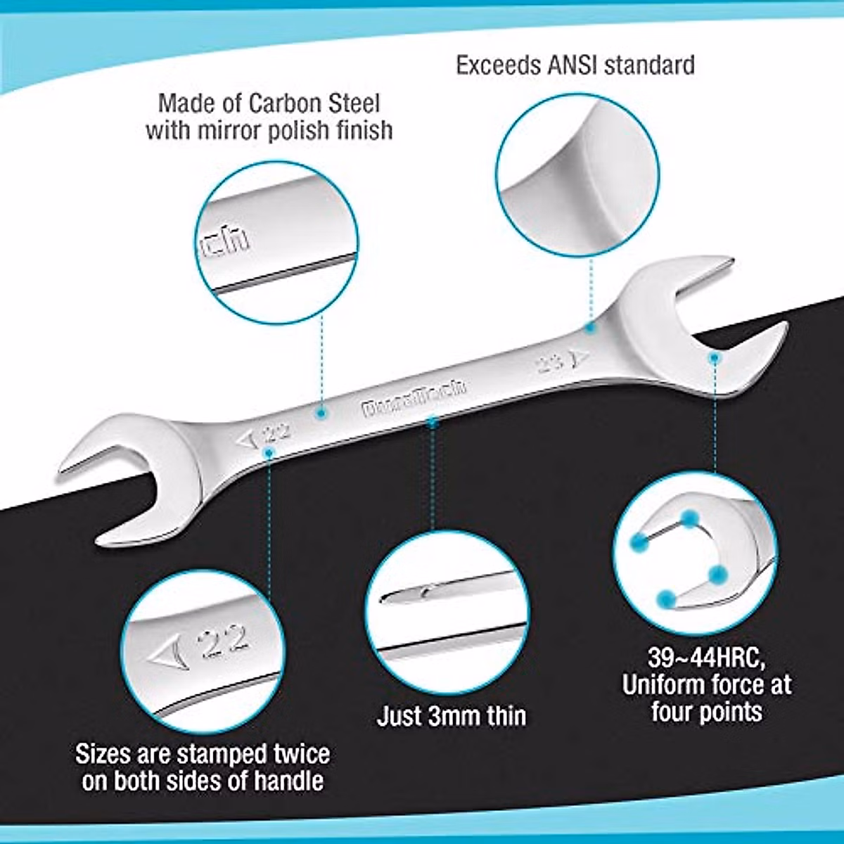 DURATECH Super-Thin Open End Wrench Set, Metric, 8-Piece, Including 5.5, 7, 8, 9, 10, 11, 12, 13, 14, 17, 19, 21, 22, 23, 24, 27 mm, Slim Spanner Wrench Set with Rolling Pouch
