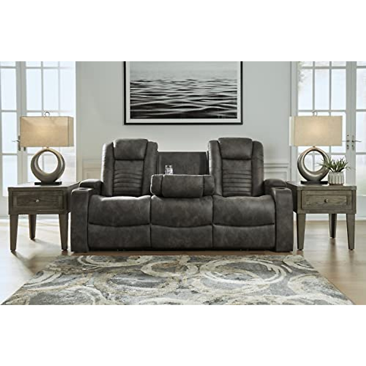 Signature Design by Ashley Soundcheck Contemporary Faux Leather Tufted Power Reclining Sofa with Adjustable Headrest, Gray