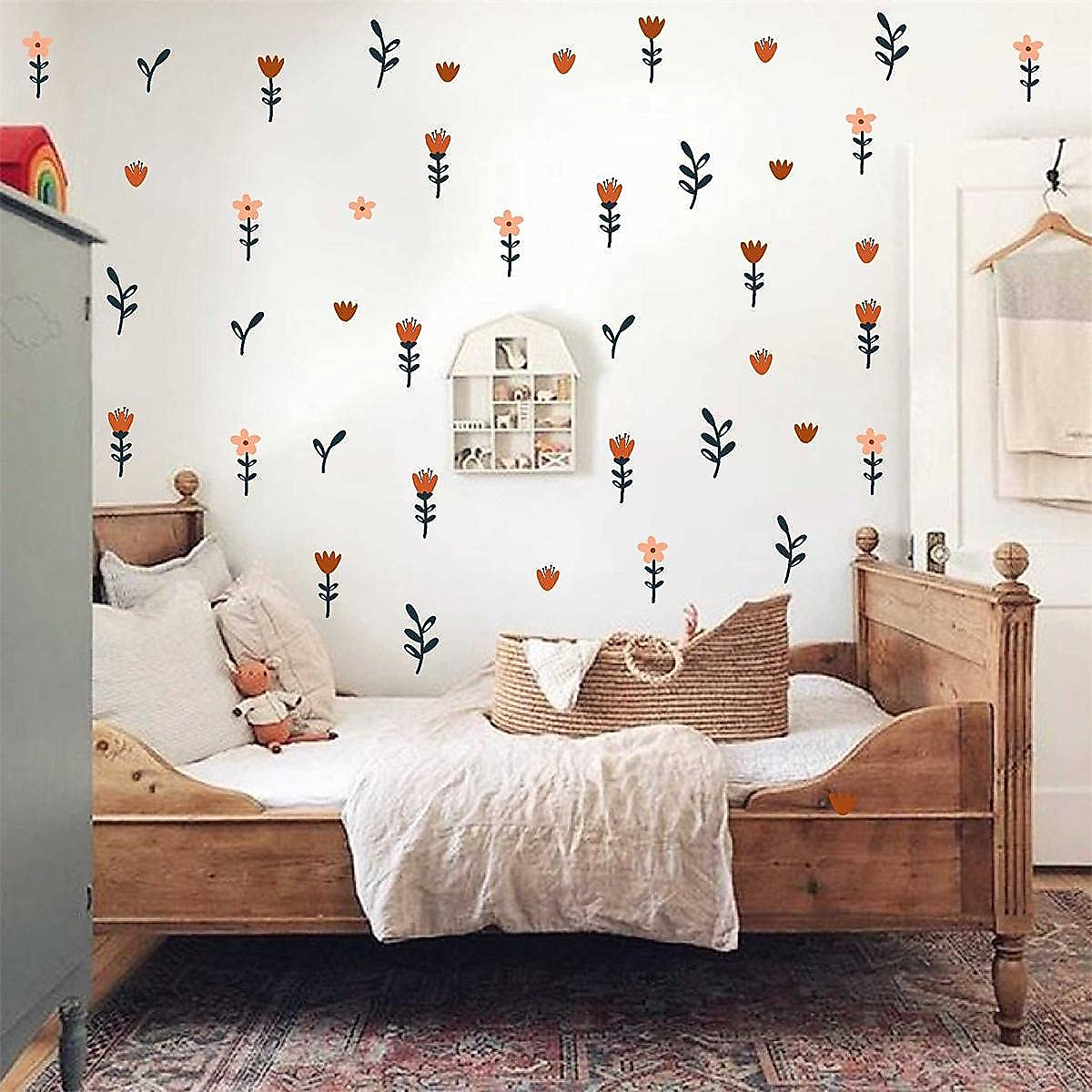 IKEYU Retro Boho Flower Wall Decals - Cute Green Leaf Wall Stickers for Nursery & Kids Bedroom, Retro Flower, IKEYU-31