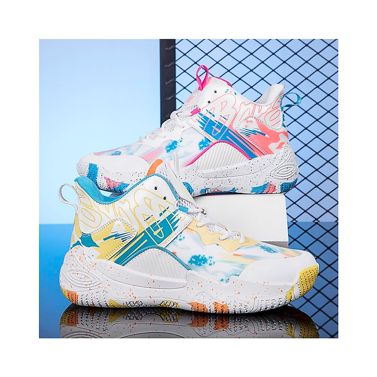 BROHN Men's Women's Basketball Shoes Ultra-Light high-top Fashion Anti-Slip Breathable Sneakers (Orange+Pink, Adult, Women, 7, Numeric, US Footwear Size System, Medium)