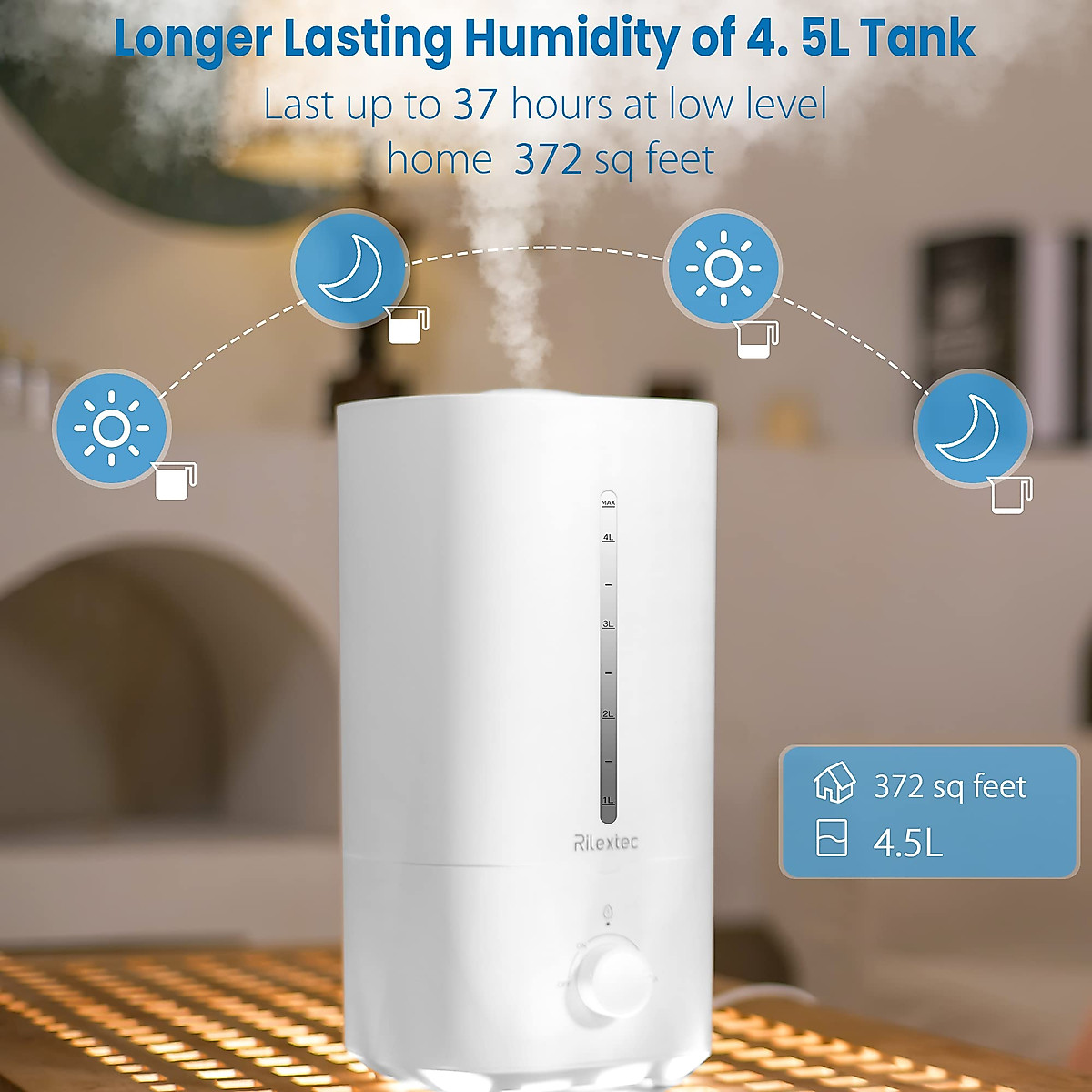 Rilextec Humidifiers for Bedroom Large Room, 4.5L Cool Mist Humidifiers Quiet for 37H, 360° Rotation Nozzle, Top Fill Room Humidifiers for Babies Nursery, Office, Indoor Plants