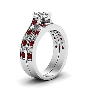CustomizedGifts Cathedral Pave Diamond Bridal Set 925 Sterling Silver Created Ruby Cushion Shape Red Color Wedding Ring Sets Pave Setting in Size 7 Party Wear Daily Wear Ornament