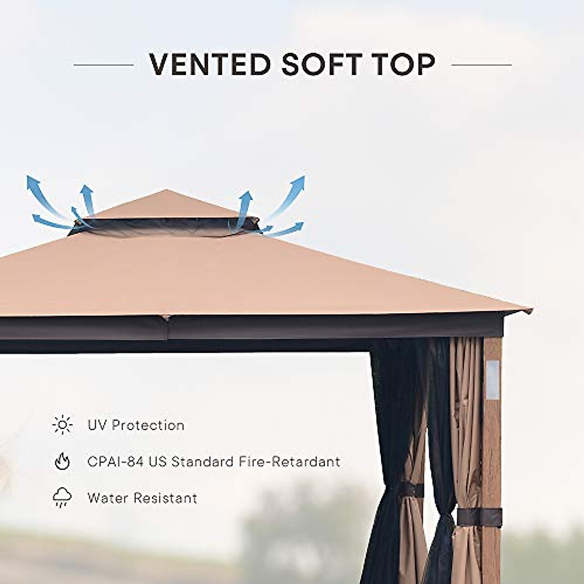 10x12 Gazebo Canopy Soft Top Outdoor Gazebo Tent 2-Tier Curtain Double Roof Vented Gazebo with Mesh, LED Lights, and Bluetooth Speakers