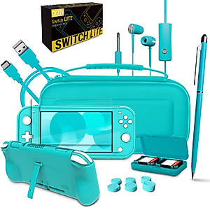 Orzly Switch Lite Accessories Bundle - Case & Screen Protector for Nintendo Switch Lite Console, USB Cable, Games Holder, Grip Case, Headphones, Thumb-Grip Pack & More (Gift Pack - Turquoise Blue)