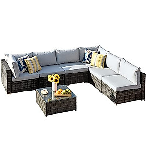 XIZZI Patio Furniture 7 Pieces Outdoor Patio Sectional Sofa Couch Grey PE Wicker Furniture Conversation Sets with Glass Coffee Table for Garden,Backyard,Deck,Grey