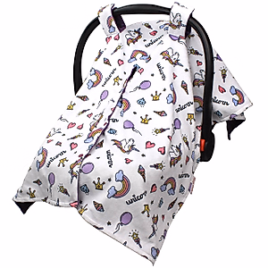 Baby Car Seat Canopy Cover - Unicorn and Rainbows with Purple Minky Dot