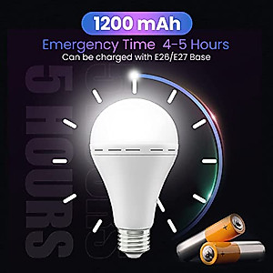 Emergency Rechargeable Led Light Bulb with Hook,Stay Lights Up When Power Failure, 1500mAh 12W 60W Equivalent LED Light Bulbs for Home, Camping, Hiking, 4 Pack
