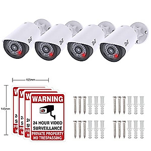 BNT Dummy Fake Security Camera, with One Red LED Light at Night, for Home and Businesses Security Indoor/Outdoor (4 Pack, White)