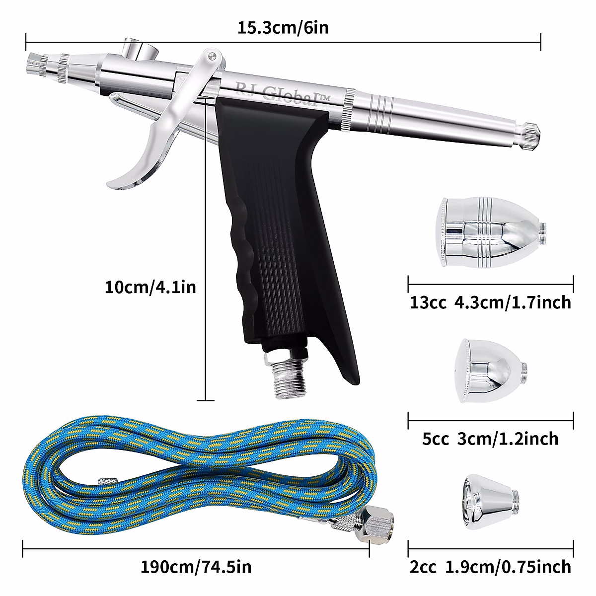 RJ-Global Double Action Airbrush Kit, Trigger Air Brush Spray Gun with 0.3, 0.2, 0.5mm Needles, 3 Sets Nozzles, Air Cap, 2cc/5cc/13cc Paint Cup, Air Hose, for Tattoo, Makeup, Nail, Model, Art Hobby