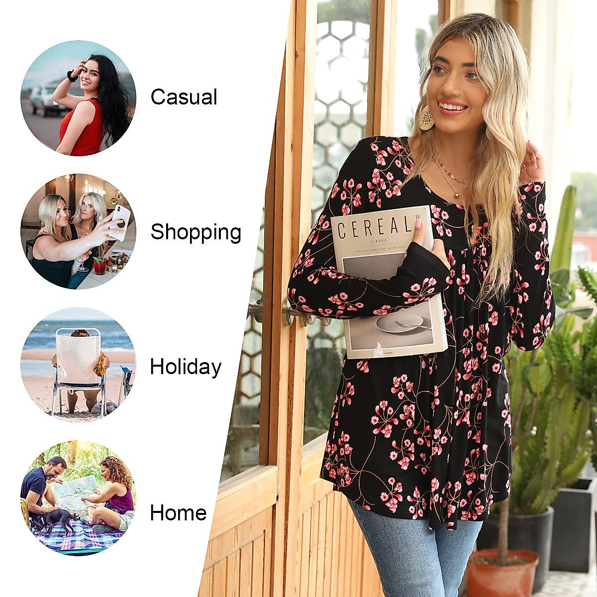 LONGYUAN Women's Long Sleeve Tunic Loose Fitting Tops 2025 Fall Casual Blouse Cute Tshirt Black X-Large