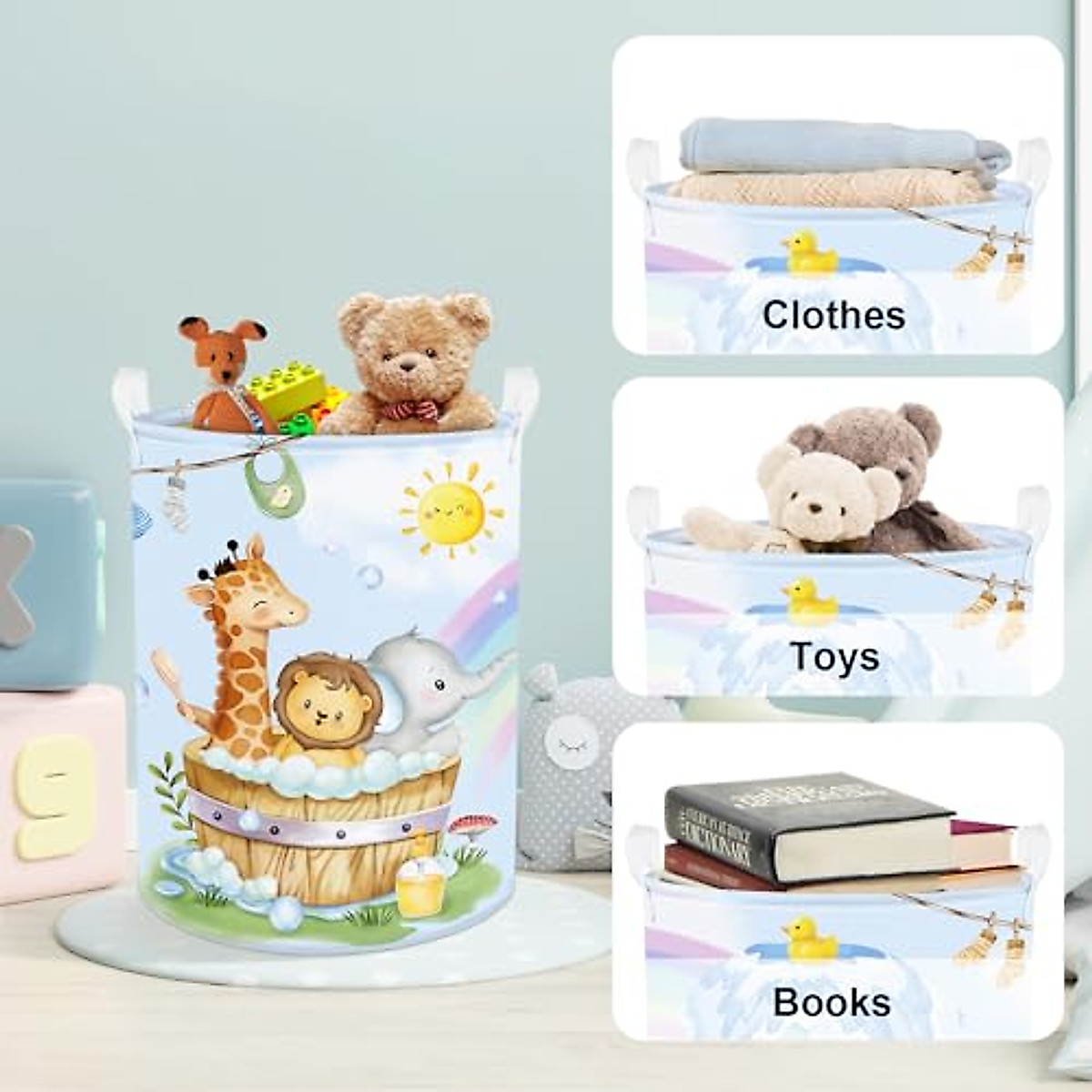 Clastyle 45L Cute Animal Shower Laundry Basket Sunny Elephant Bathing Baby Laundry Hamper Blue Giraffe Lion Duck Toy Towel Storage Basket