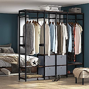 Tribesigns Freestanding Closet Organizer, Heavy Duty Clothes Closet, Extra Large Metal Garment Rack with Shelves and Hanging Rod, Vintage Walnut Board Finish & Black Metal Frame