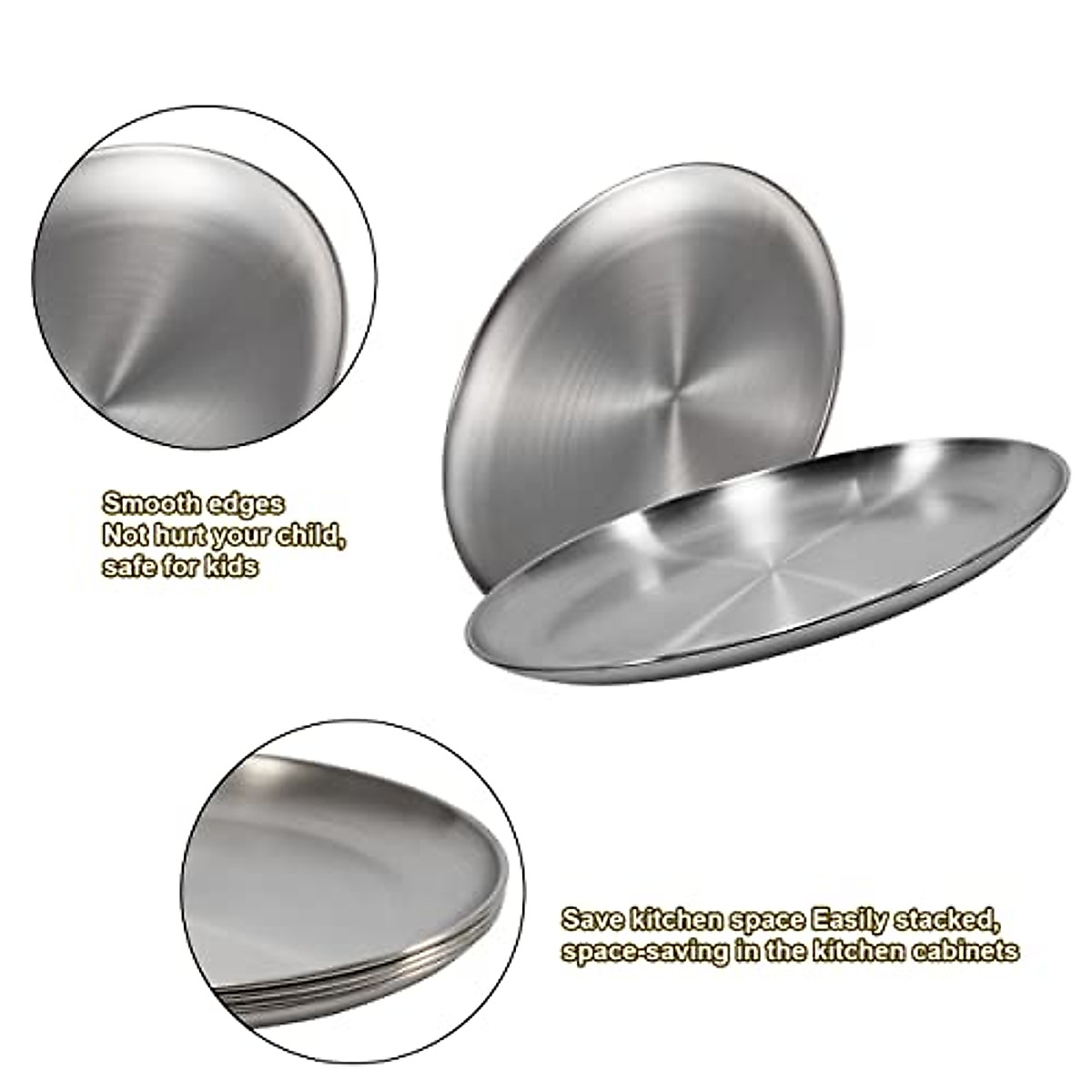 Sumerflos 304 (18/8) Stainless Steel Dinner Plates, 10" Round Salad Plates, Serving Plate for Home Kichten, Outdoor Camping, Snack, Pizza and BBQ - Set of 4