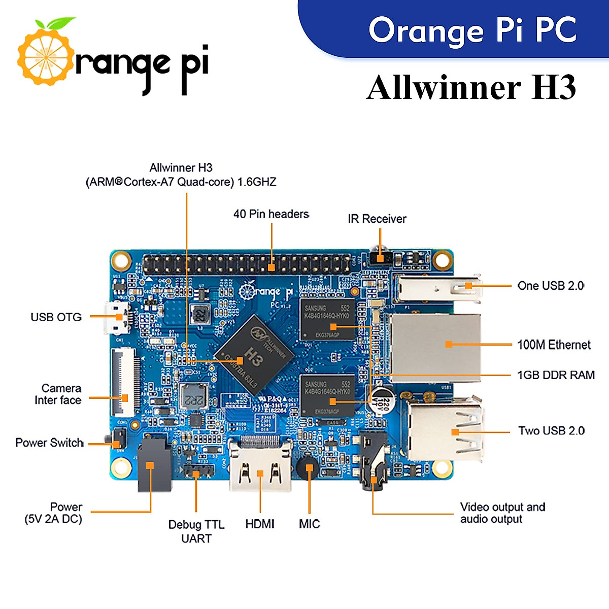 Orange Pi PC AllWinner H3 1GB Quad Core Single Board Computer Microcontroller Mini PC Run Android Ubuntu Debian (OPI PC)