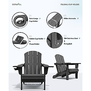 SERWALL Foldable Adirondack Chair, HDPE Adirondack Chair with Wood-Texture-Gray