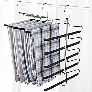CINKSY Space Saving Pants Skirt Hanger 5 in 1 Pants Jeans Hangers with Non-Slip Foam Padded Metal Skirt Hanger with Adjustable Clips