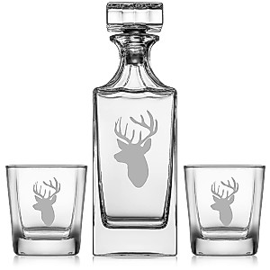 Whiskey Decanter Gift Set With 2 Whiskey Old Fashioned Rocks Glasses Deer Head with Antlers Hunting