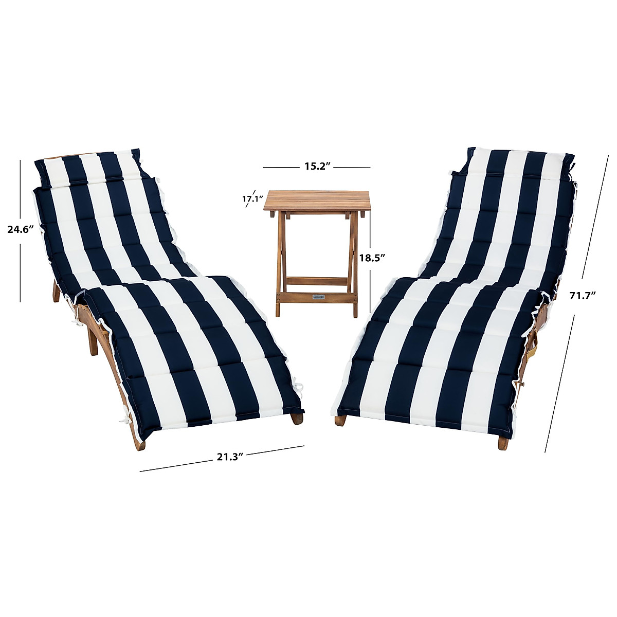 SAFAVIEH Outdoor Collection Pacifica Natural Brown Solid Wood/Navy & White Stripe Cushion 3-Piece Chaise Lounge Set with Table (PAT7020F)