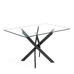 NIERN Tempered Glass Dining Table with Black Metal Legs, 47" Modern Rectangular Kitchen Table for Dining Room Kitchen,Black