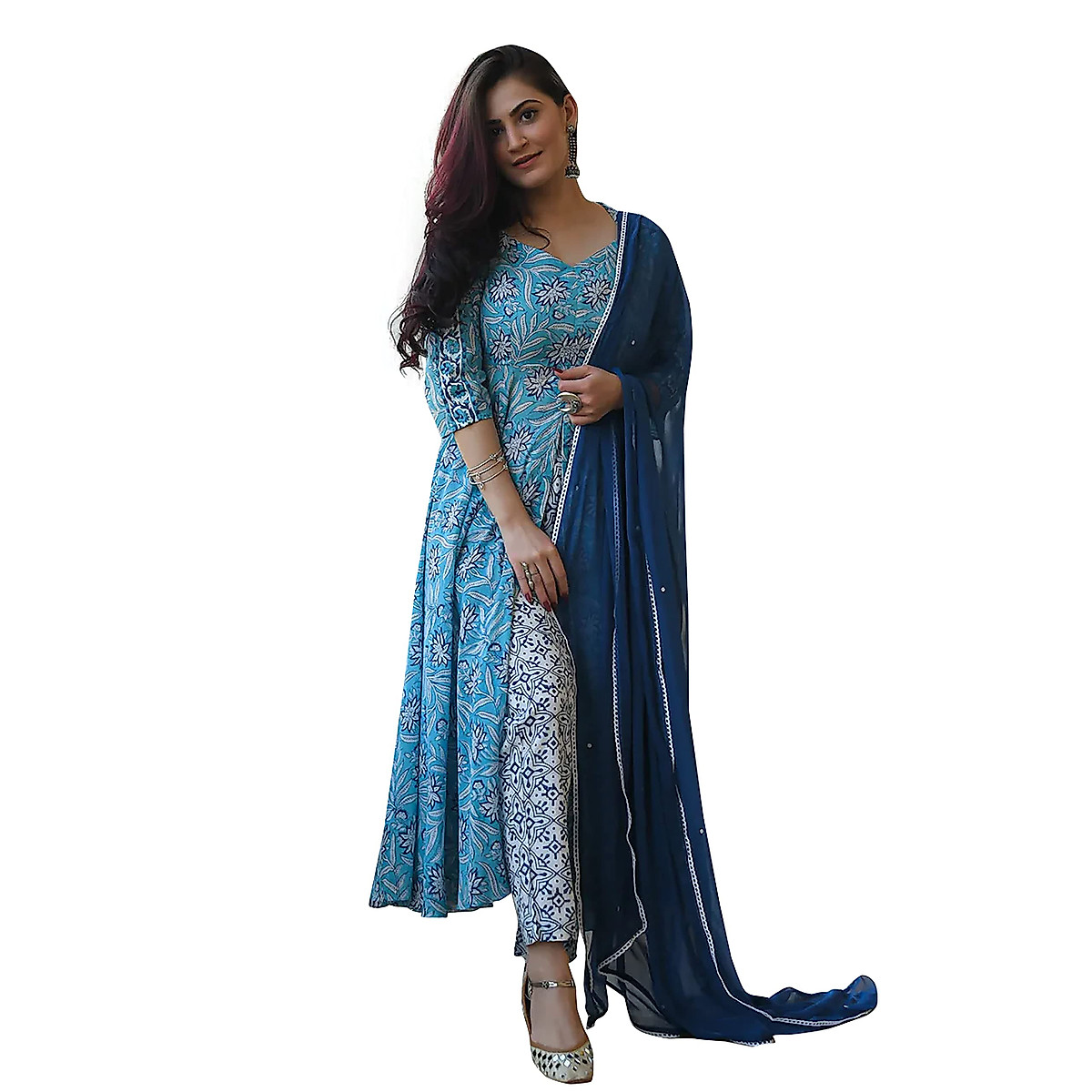 Elina fashion Indian Kurti for Womens With Pant & Dupatta | Rayon Printed Long Kurta Partywear Kurtis Tunic Tops Cyan