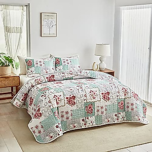 UOZZI BEDDING 3 Piece Floral Patchwork Quilt Set Queen Size White Green Lightweight Coverlet Bedspread with Red Flower Floral Plaid Patchwork Spring and Summer Quilt Set (1 Quilt+ 2 Shams)