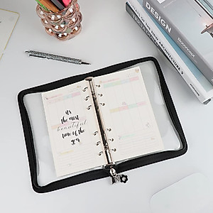 A6 Binder Cover Refillable 6 Ring Notebook Binder Clear Soft PVC Zipper Binders Folder for 6 Hole Filler Paper Personal File Organizer Planner(Black Zipper Closure)