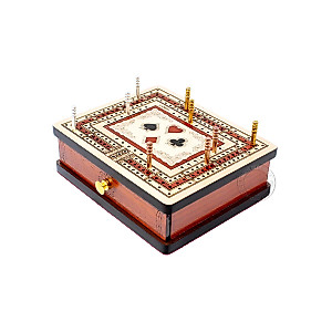 House of Cribbage - 3 Track - 60 Points Non-Continuous Travel Cribbage Board Inlaid in Maple Wood/Bloodwood - Size:6" x 5" - Storage Drawer for Cribbage Pegs & Playing Cards