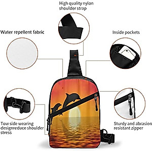 Chest Bag Dolphins Swimming in Sunset,Sling Bags Multipurpose Crossbody Shoulder Backpack Waterproof Travel Hiking