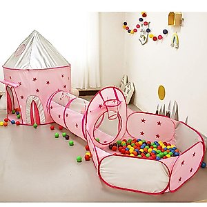 ONMIER Toddler Tent Crawl Tunnel, Ball Pit for Toddlers 3 in 1 Pop Up Girls Play Tent with Play Tunnel Basketball Hoop Playhouse for Kids Gift, Indoor Outdoor Play House(Colorful Ball Not Include)