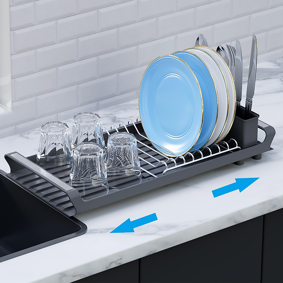 TOOCA BEAR Expandable Small Dish Drying Rack, Dish Racks for Kitchen Counter Dish Drainer with Removable Cutlery Holder, Dish Racks for Sink, Grey