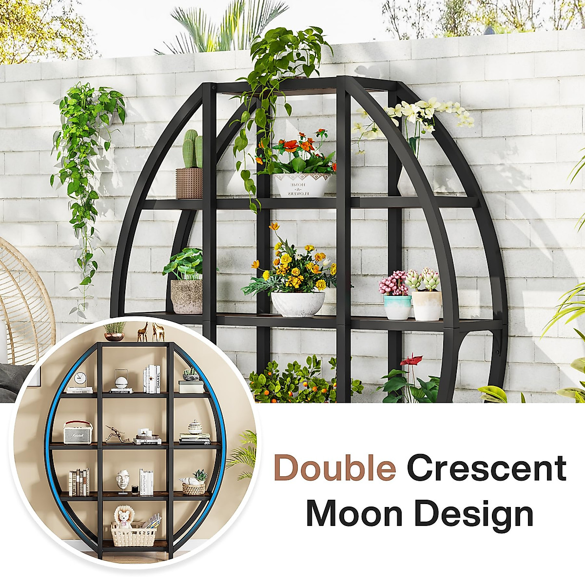 Tribesigns Etagere Bookcase, 5 Tiers Large Tall Oval Bookshelf, Industrial Wood Bookshelves Display Open Shelf Organizer for Living Room, Bedroom, Home Office