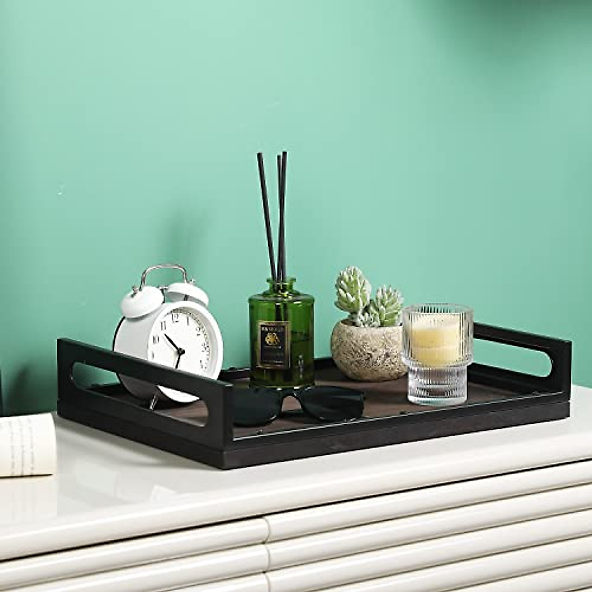 MyGift Large Wood Serving Tray, 16 x 12 Inch Matte Black Metal and Burnt Brown Wooden Party Server Tray, Decorative Ottoman Tray with Cutout Handles