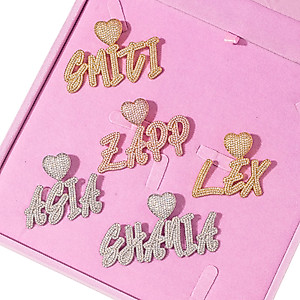 Iced Out Personalized Cursive Name Heart Necklace, Custom Nameplate Pendant Handmade with Cuban Link Chain, Hip Hop Initial Letter Diamond Jewelry Gifts Gold and Silver Color Plated for Man and Woman (Silver/Heart Hook)