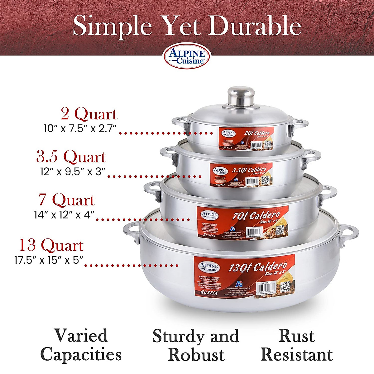 Alpine Cuisine Aluminum Caldero Stock Pot Set (2/3.5/7/13 Quart), Cosine Cooking Dutch Oven, Serve Large & Small Groups, Riveted Handles, Commercial Grade (8 Piece Set)