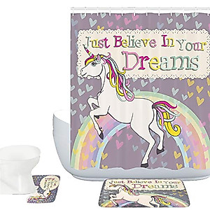 Amagical Teen Girls Decor Bathroom Mat Set Shower Curtain Set 3Piece Unicorn with Believe in Your Dreams Bathtub Mat Contour Mat Fabric Shower Curtain