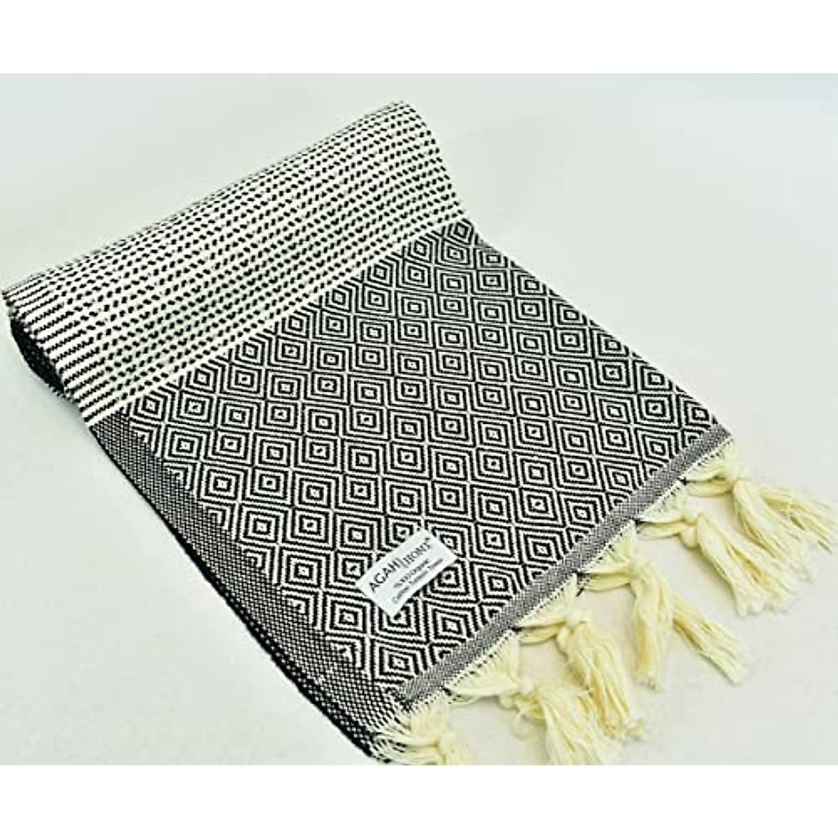 Agah Home Turkish Peshkir, Face Towel, Kitchen Towel, Monogrammed Towel, Personalized Hand Towel, Tea Towel, Cotton Towel, 18x36 in Kesik Elmas Peshkir (Black)