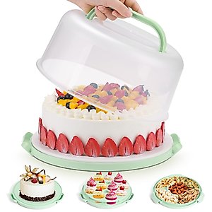 Cake Carrier with Lid and Handle, Cake Stand Cupcake Containers for 10 inch Cake with 2 Handles Cupcake Holder, 3 in 1 Transport Container Boxes for Cake Pie Muffin Pizza，Green Portable Cake Carriers