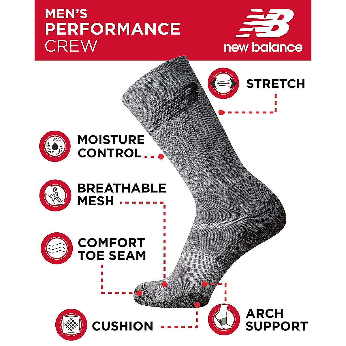New Balance Men's Athletic Arch Compression Cushion Comfort Crew Socks (10 Pack), Size 6-12.5, White
