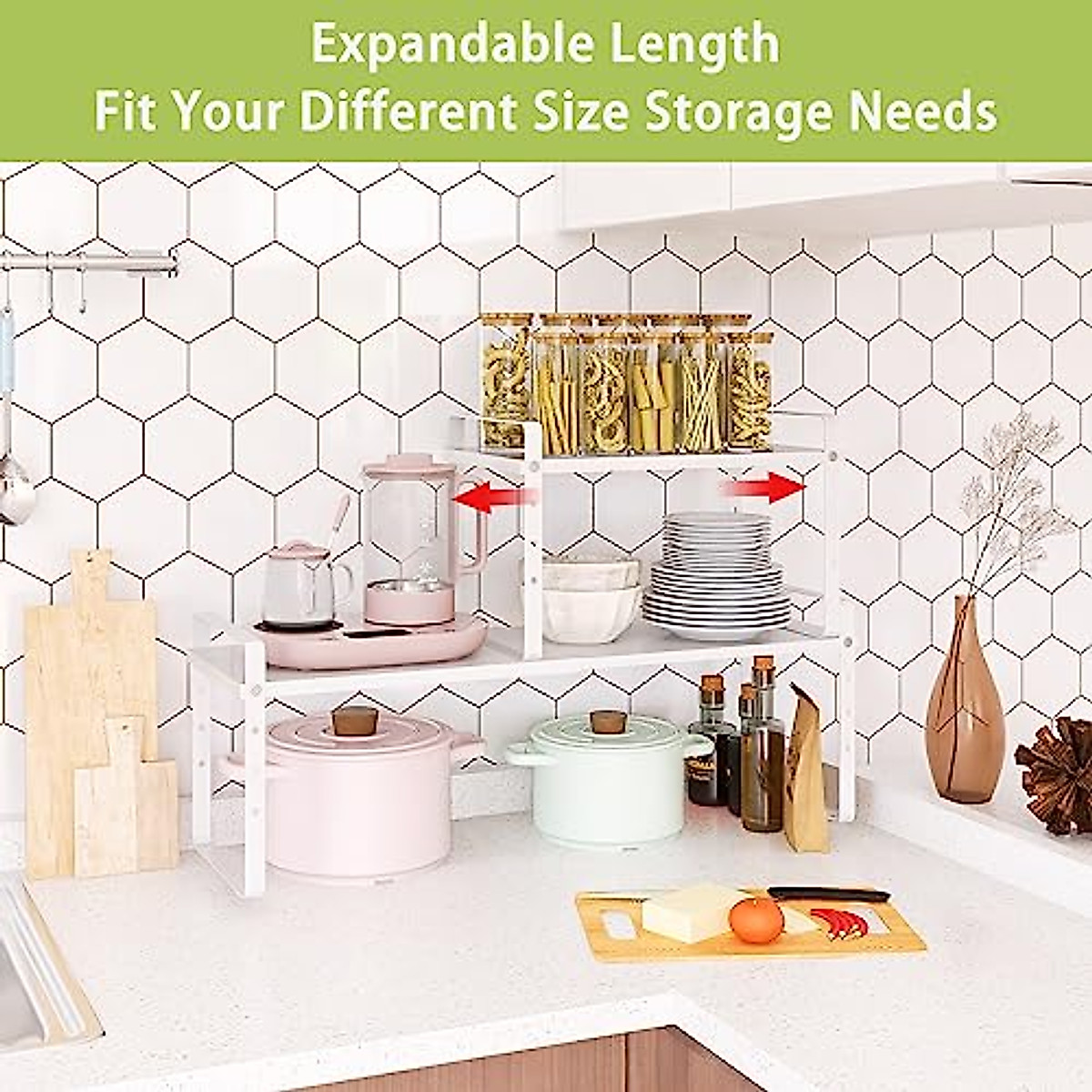 Across-Star Expandable Cabinet Shelf Organizer Rack, Stackable Kitchen Counter Storage Shelves Stand, Adjustable Height Pantry Shelf Spice Rack (White, 2 Pack)
