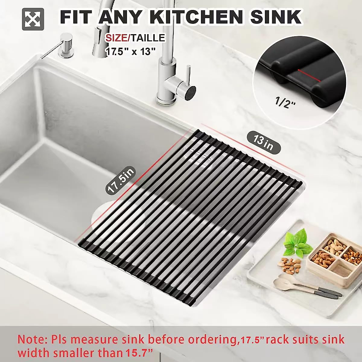 MERRYBOX Roll Up Dish Drying Rack Silicone Wrapped Over The Sink Dish Drying Rack Multipurpose Foldable Sink Drying Mat Anti-Slip & Anti-Rust Dish Rack for Kitchen, 17.5" x 13", Black