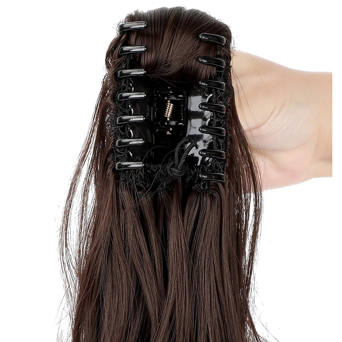 FELENDY Ponytail Extension Claw 18" 20" Curly Wavy Straight Clip in Hairpiece One Piece A Jaw Long Pony Tails for Women Medium Brown